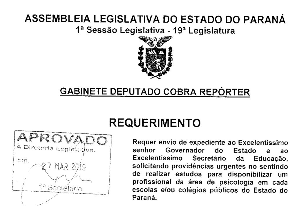 Assembleia aprova requerimento de Cobra Repórter pedindo psicólogos em ... Assembleia aprova requerimento de Cobra Repórter pedindo psicólogos em ...